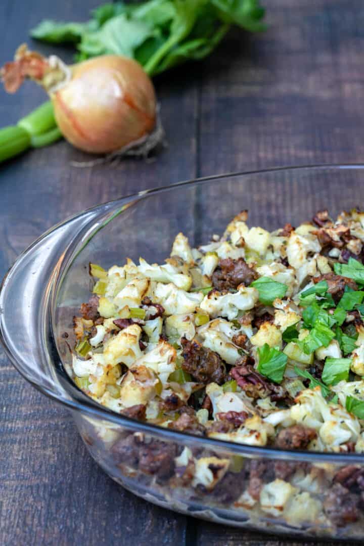 GF Cauliflower Stuffing with Sausage and Pecans